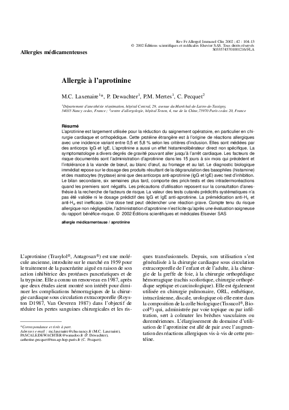 (PDF) Allergie à l’aprotinine