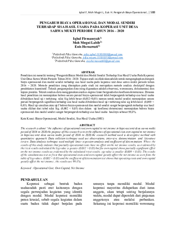 (PDF) Pengaruh Biaya Operasional Dan Modal Sendiri Terhadap Sisa Hasil Usaha Pada Koperasi Unit ...