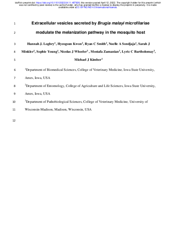 (PDF) Extracellular vesicles secreted by Brugia malayi microfilariae modulate the melanization ...