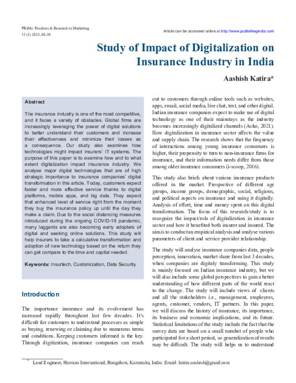 (PDF) Study of Impact of Digitalization on Insurance Industry in India