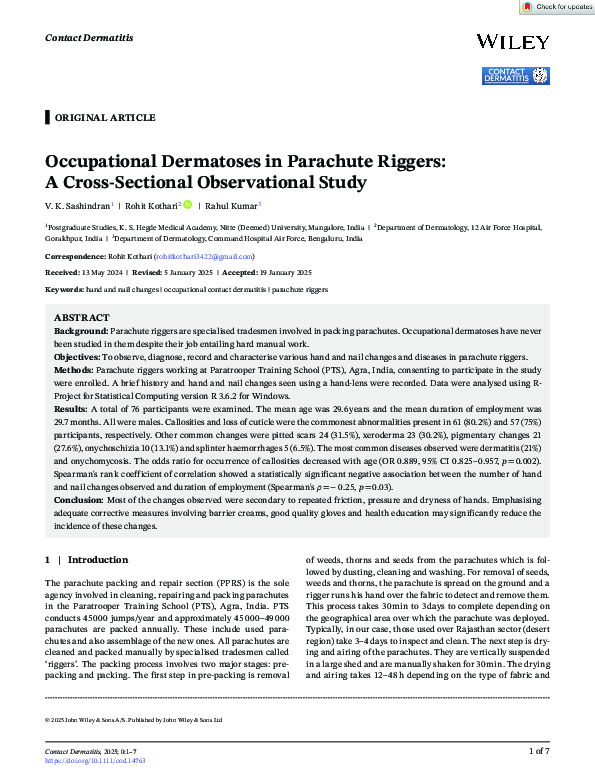 (PDF) Occupational Dermatoses in Parachute Riggers: A Cross-Sectional ...