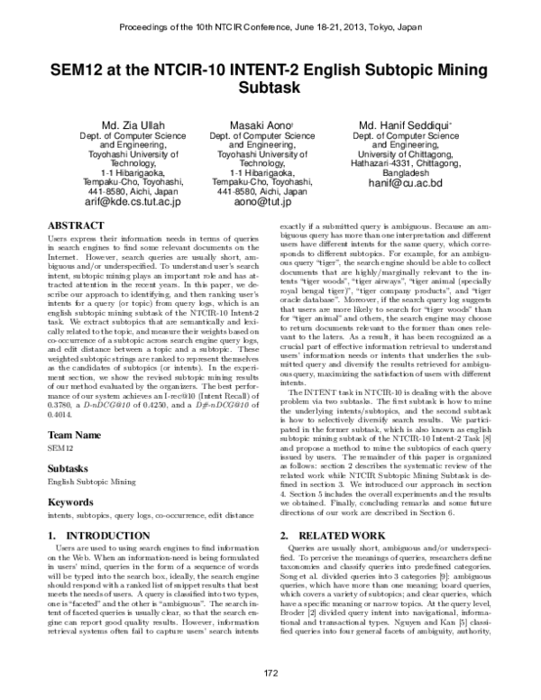 (PDF) SEM12 at the NTCIR-10 INTENT-2 English Subtopic Mining Subtask