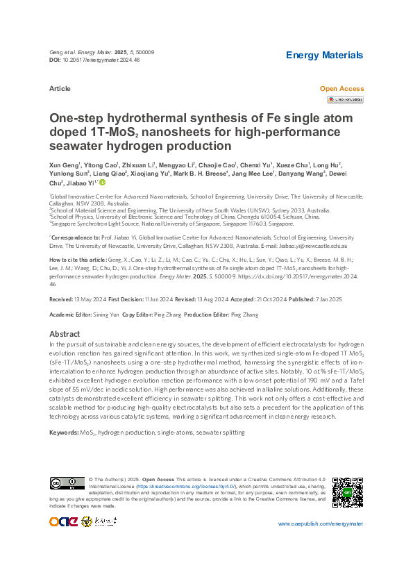 (PDF) One-step hydrothermal synthesis of Fe single atom doped 1T-MoS 2 ...