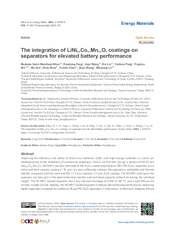 (PDF) The integration of LiNi0.8Co0.1Mn0.1O2 coatings on separators for elevated battery performance