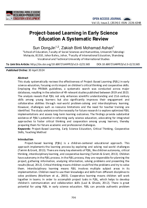 (PDF) Project-based Learning in Early Science Education A Systematic Review