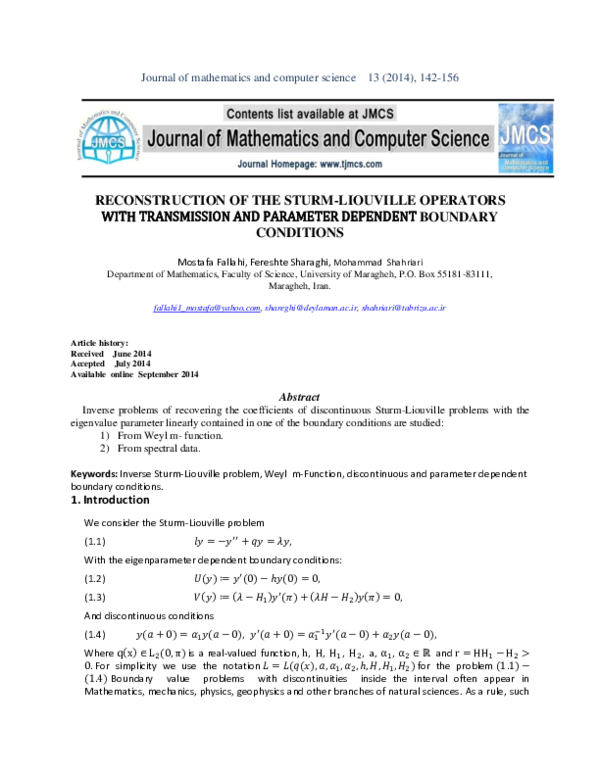Pdf Reconstruction Of The Sturm Liouville Operators With Transmission