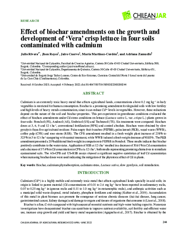 (PDF) Effect of biochar amendments on the growth and development of ‘Vera’ crisp lettuce in four ...