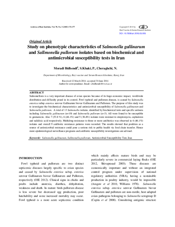 (PDF) Study on phenotypic characteristics of Salmonella gallinarum and ...