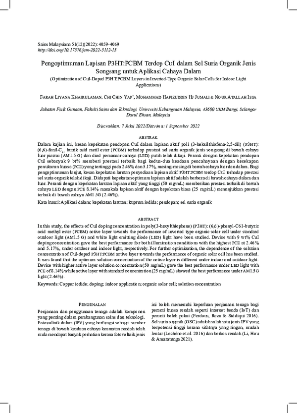 (PDF) Pengoptimuman Lapisan P3HT:PCBM Terdop CuI Dalam Sel Suria ...