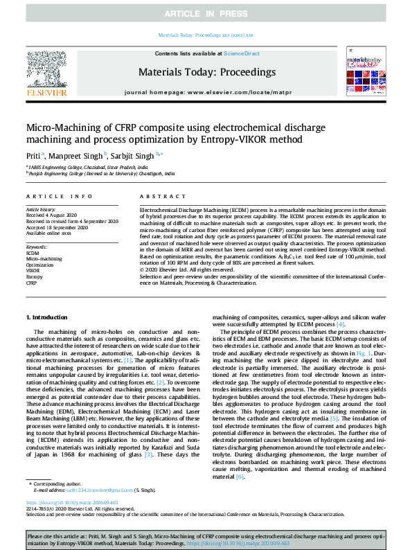 (PDF) Micro-Machining of CFRP composite using electrochemical discharge machining and process ...