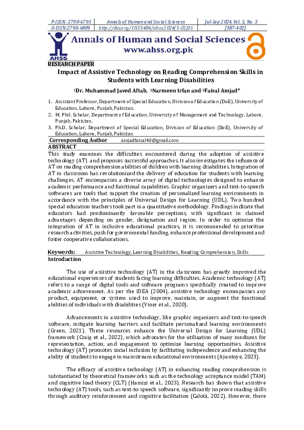 (PDF) Impact of Assistive Technology on Reading Comprehension Skills in Students with Learning ...