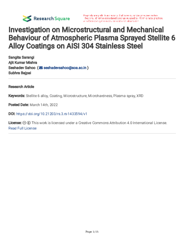 (PDF) Investigation on Microstructural and Mechanical Behaviour of Atmospheric Plasma Sprayed ...