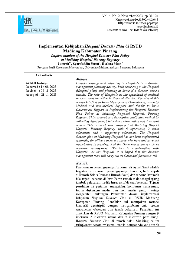 (PDF) Implementasi Kebijakan Hospital Disaster Plan di RSUD Madising ...
