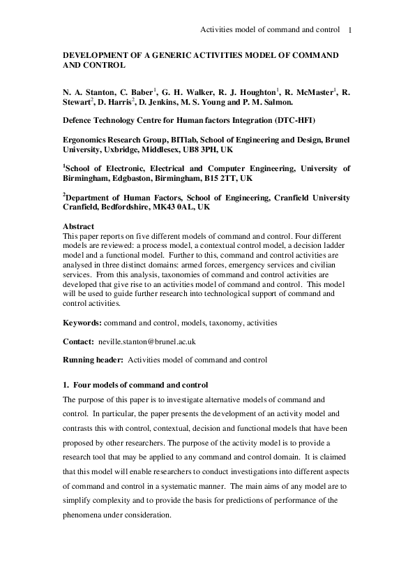 (PDF) Development of a generic activities model of command and control