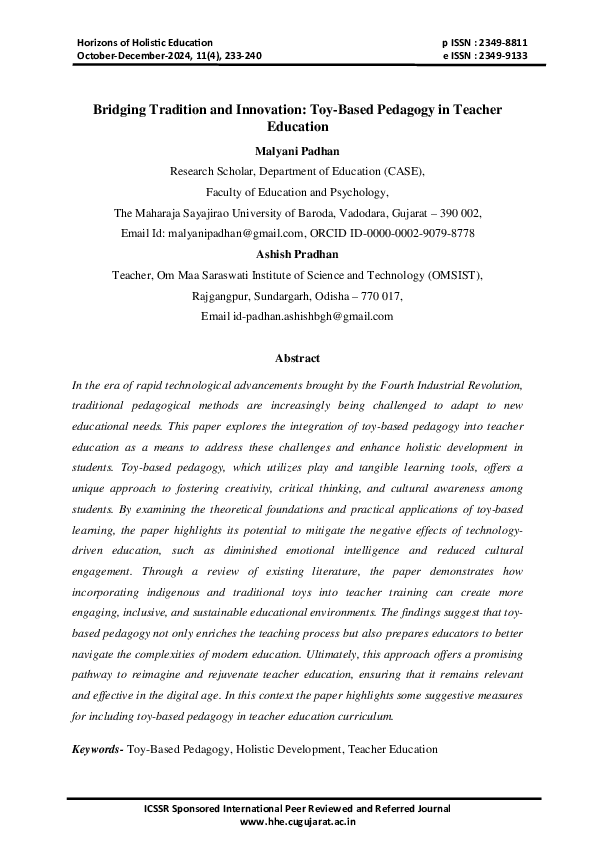 Pdf Bridging Tradition And Innovation Toy Based Pedagogy In Teacher