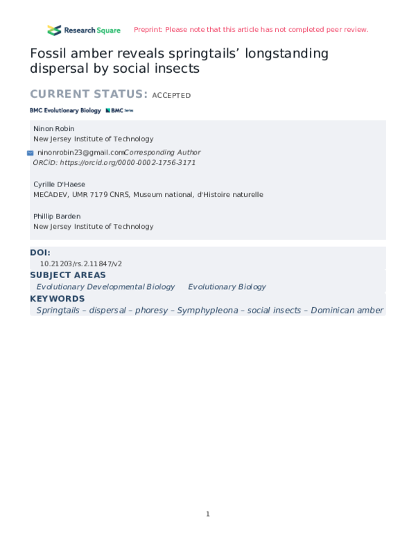(PDF) Fossil amber reveals springtails’ longstanding dispersal by social insects