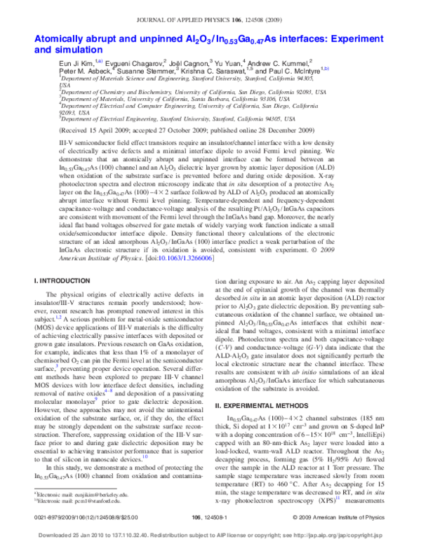 (PDF) Atomically abrupt and unpinned Al2O3/In0.53Ga0.47As interfaces: Experiment and simulation