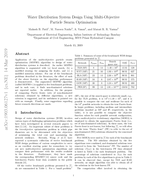 (PDF) Water distribution system design using multi-objective particle swarm optimisation