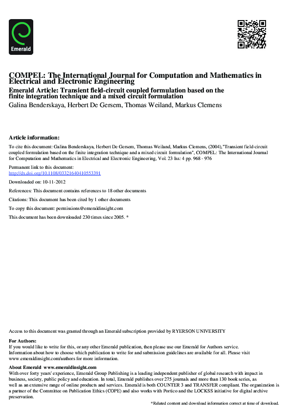 Pdf Transient Field‐circuit Coupled Formulation Based On The Finite Integration Technique And
