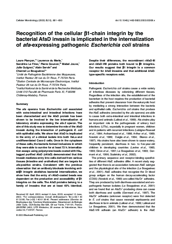 (PDF) Recognition of the cellular beta1-chain integrin by the bacterial ...