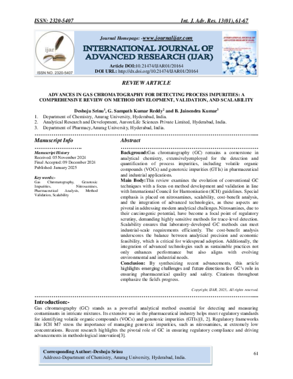 (PDF) ADVANCES IN GAS CHROMATOGRAPHY FOR DETECTING PROCESS IMPURITIES: A COMPREHENSIVE REVIEW ON ...
