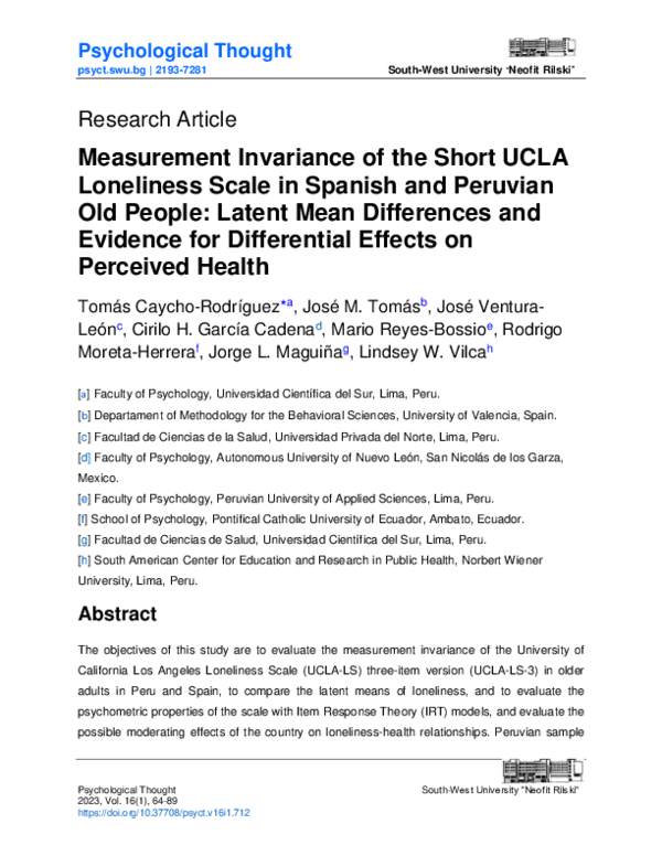 (PDF) Measurement Invariance of the Short Ucla Loneliness Scale in ...