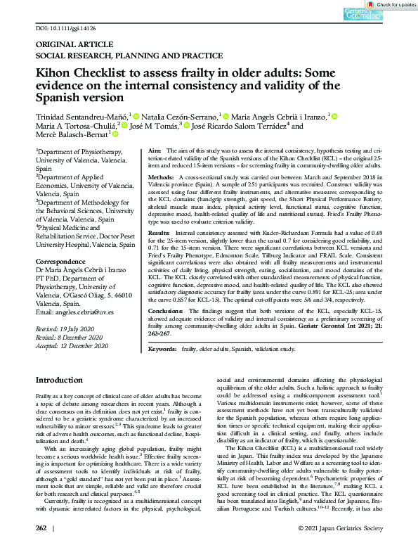 (PDF) Kihon Checklist to assess frailty in older adults: Some evidence ...