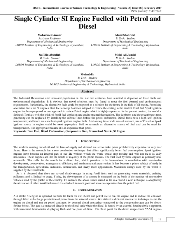 (PDF) Single Cylinder Si Engine Fuelled with Petrol and Diesel