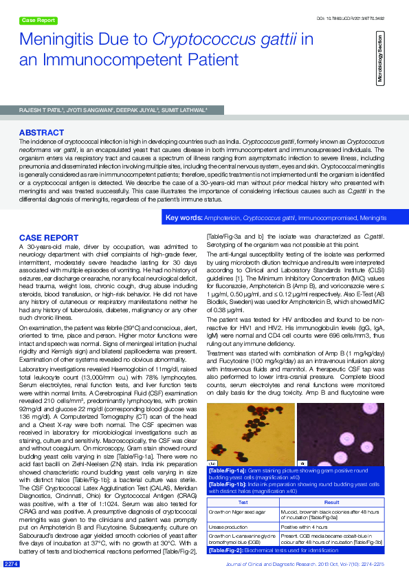 (PDF) Meningitis Due to Cryptococcus gattii in an Immunocompetent Patient