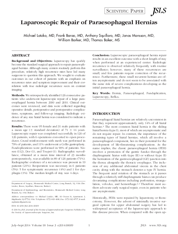 (PDF) Laparoscopic Repair of Paraesophageal Hernias