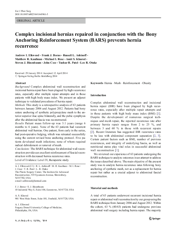(PDF) Complex incisional hernias repaired in conjunction with the Bony ...