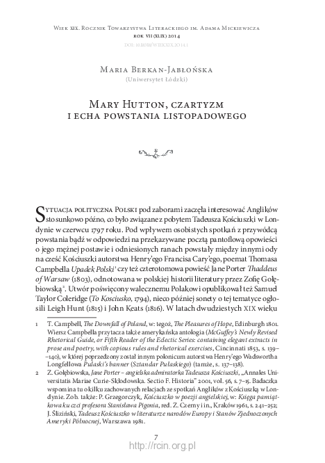 (PDF) Mary Hutton, czartyzm i echa powstania listopadowego