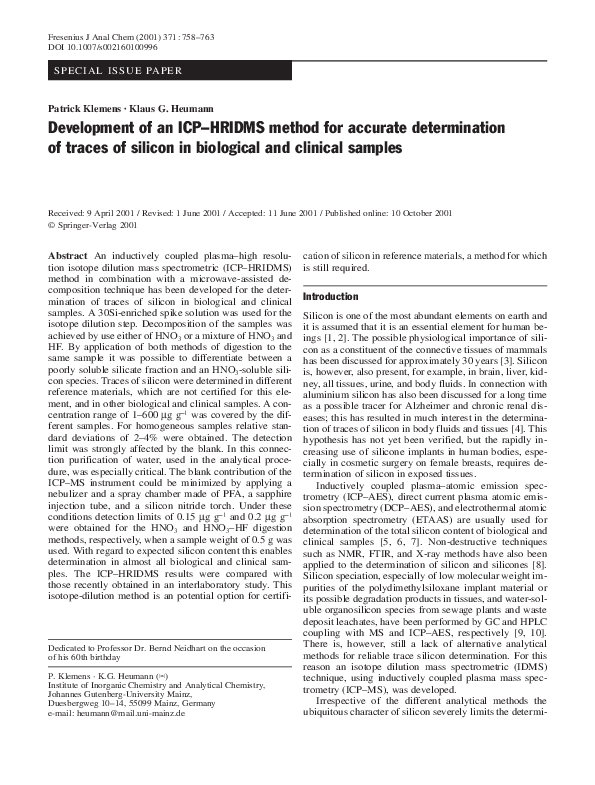 (PDF) Development of an ICP–HRIDMS method for accurate determination of traces of silicon in ...