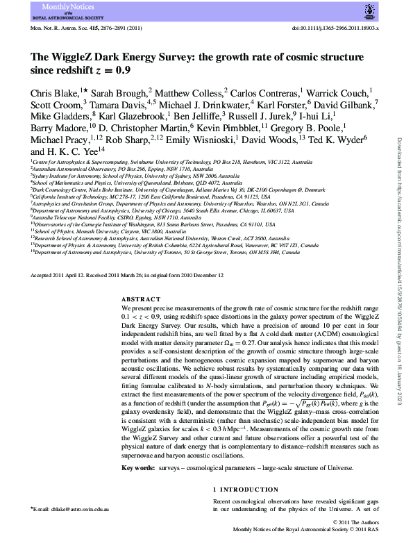 (PDF) The WiggleZ Dark Energy Survey: the growth rate of cosmic structure since redshift z=0.9