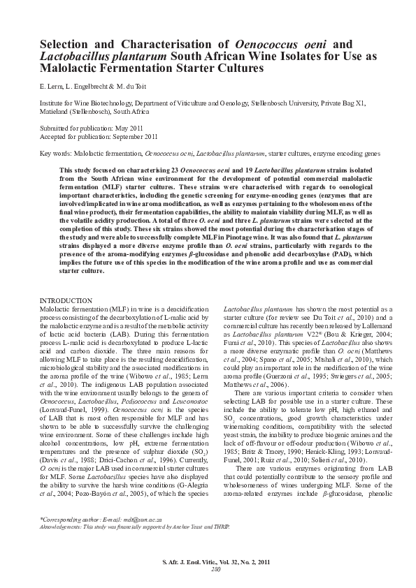 (PDF) Selection and Characterisation of Oenococcus oeni and ...