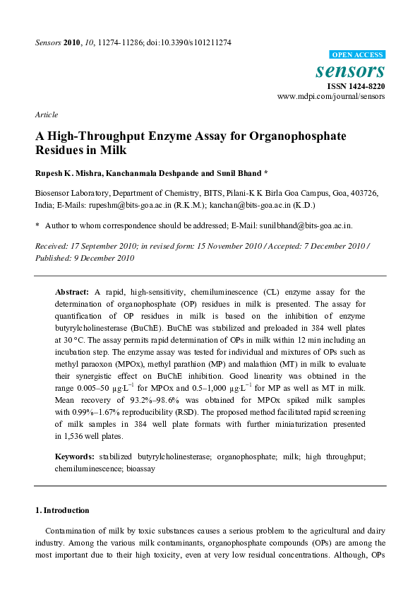 Pdf A High Throughput Enzyme Assay For Organophosphate Residues In Milk