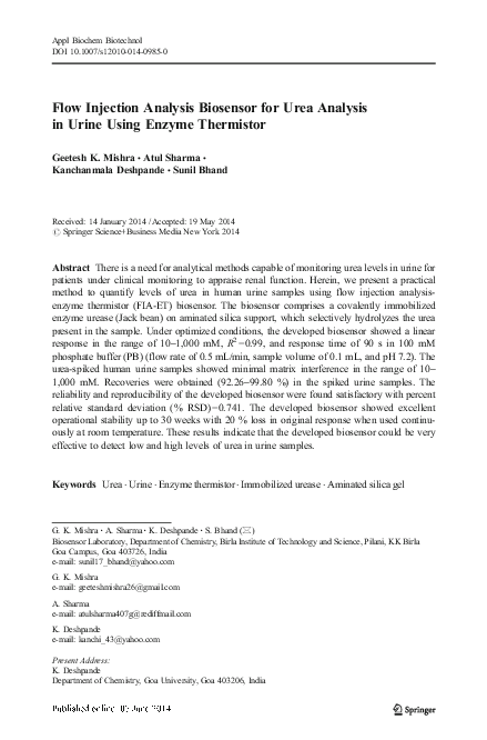 Pdf Flow Injection Analysis Biosensor For Urea Analysis In Adulterated Milk Using Enzyme
