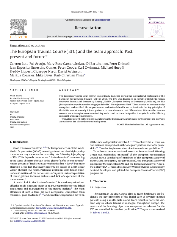 (PDF) The European Trauma Course (ETC) and the team approach: Past ...