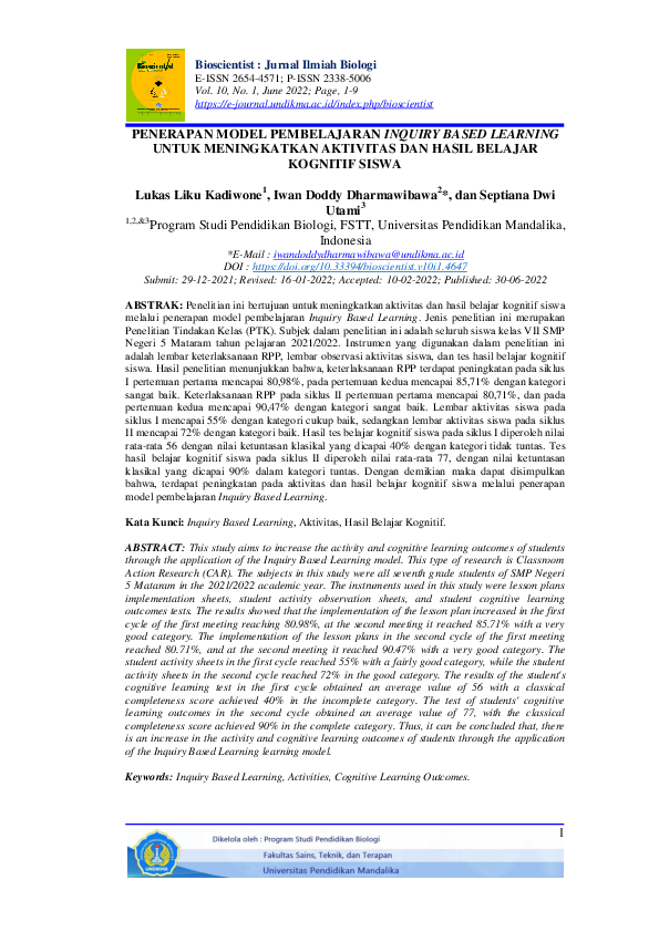 (PDF) Penerapan Model Pembelajaran Inquiry Based Learning untuk Meningkatkan Aktivitas dan Hasil ...