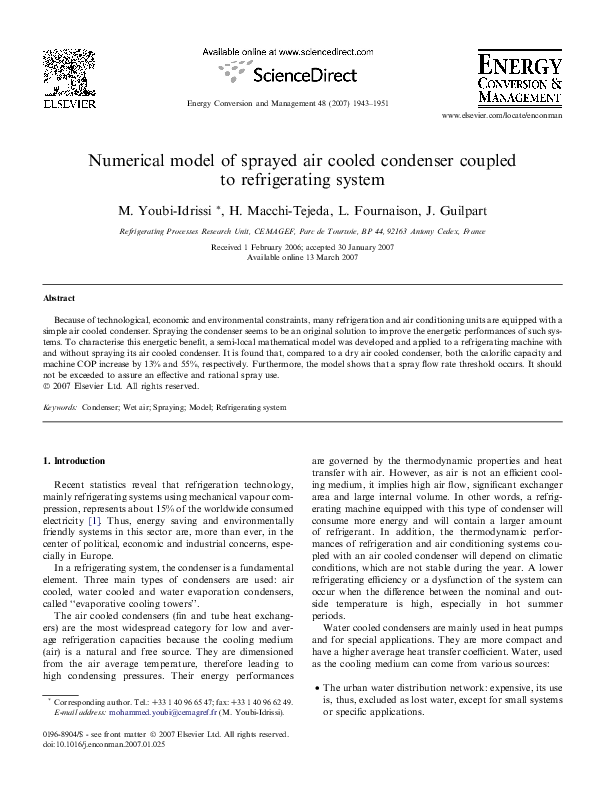 (PDF) Numerical model of sprayed air cooled condenser coupled to refrigerating system