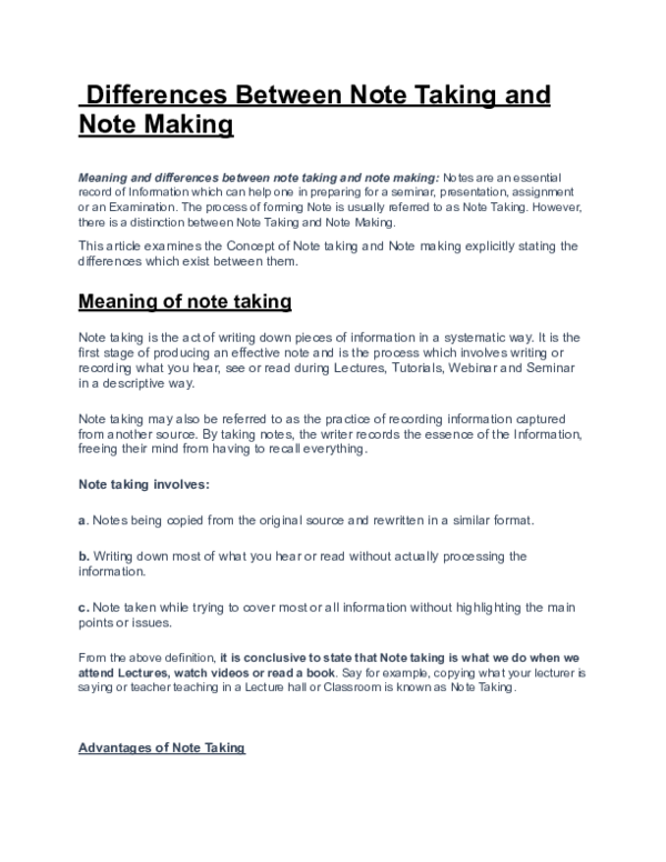 (PDF) Differences Between Note Taking and Note Making