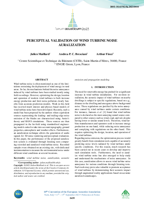 Pdf Perceptual Validation Of Wind Turbine Noise Auralization