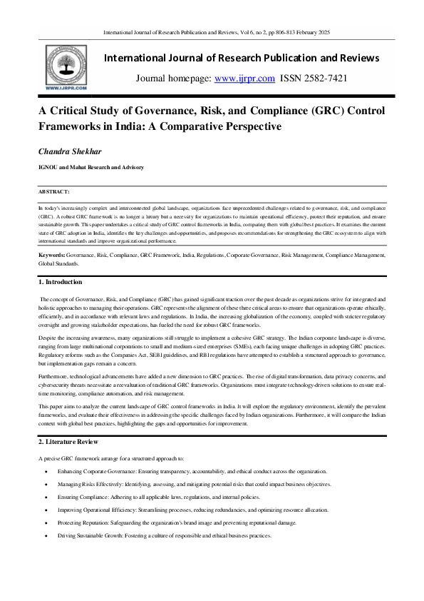(PDF) A Critical Study of Governance, Risk, and Compliance (GRC) Control Frameworks in India A ...