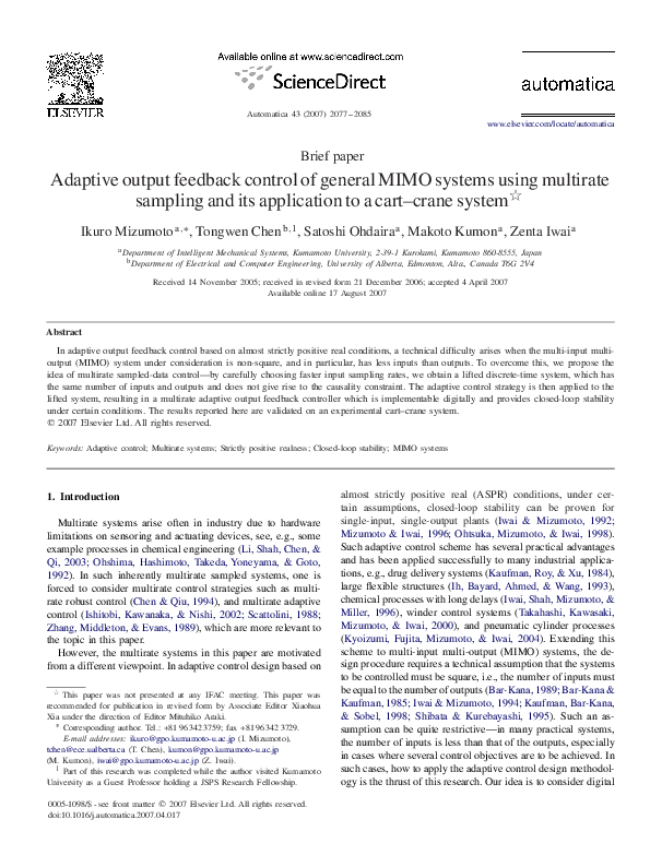 (PDF) Adaptive output feedback control of general MIMO systems using ...