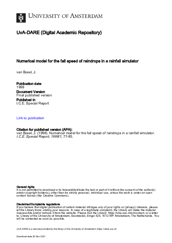 (PDF) Numerical model for the fall speed of rain drops in a rain fall ...
