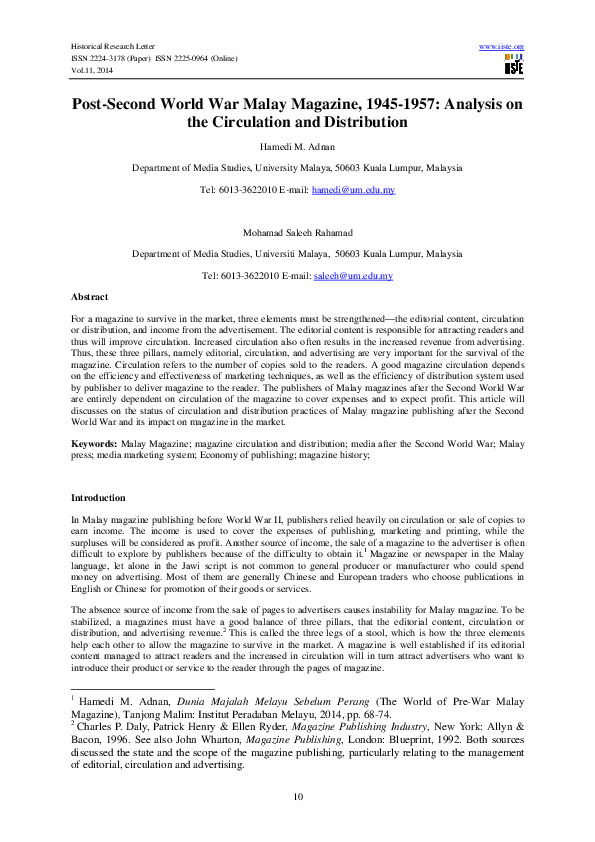 (PDF) Post-Second World War Malay Magazine, 1945-1957: Analysis on the ...