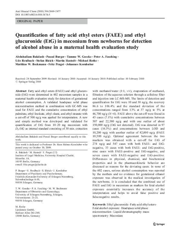 (PDF) Quantification of fatty acid ethyl esters (FAEE) and ethyl ...