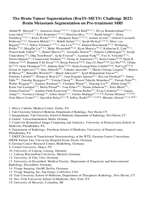 (PDF) The Brain Tumor Segmentation (BraTS-METS) Challenge 2023: Brain Metastasis Segmentation on ...