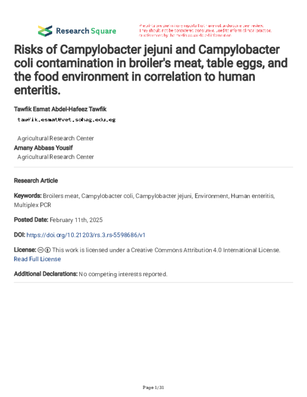 (PDF) Risks of Campylobacter jejuni and Campylobacter coli ...