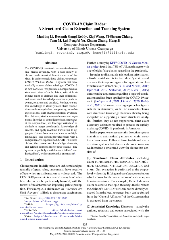 (PDF) COVID-19 Claim Radar: A Structured Claim Extraction and Tracking ...
